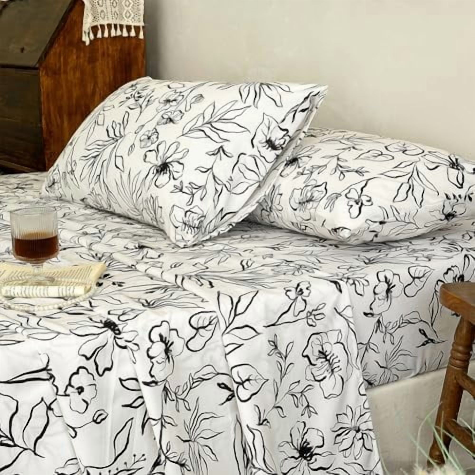 Boho Floral Sheets Full, 18 inches Deep Pocket, 4-Pieces White and ...