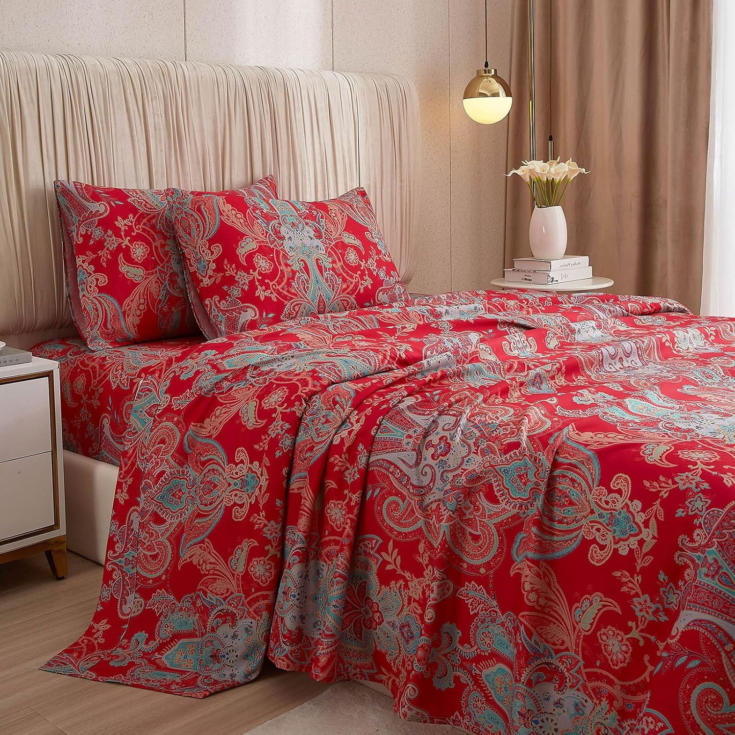 Boho Floral Sheets Set Twin XL Sheets Vintage Red Floral Bed Sheets 16 ...