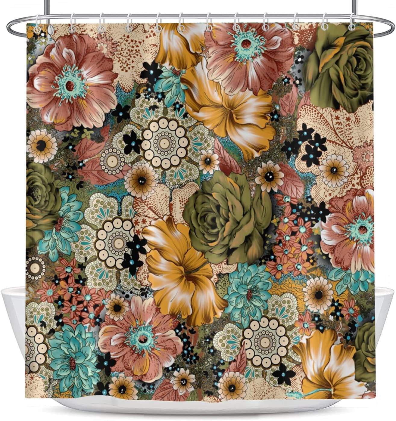 Boho Floral Shower Curtain (72" x 72"), Retro Colorful Paisley Mandala ...