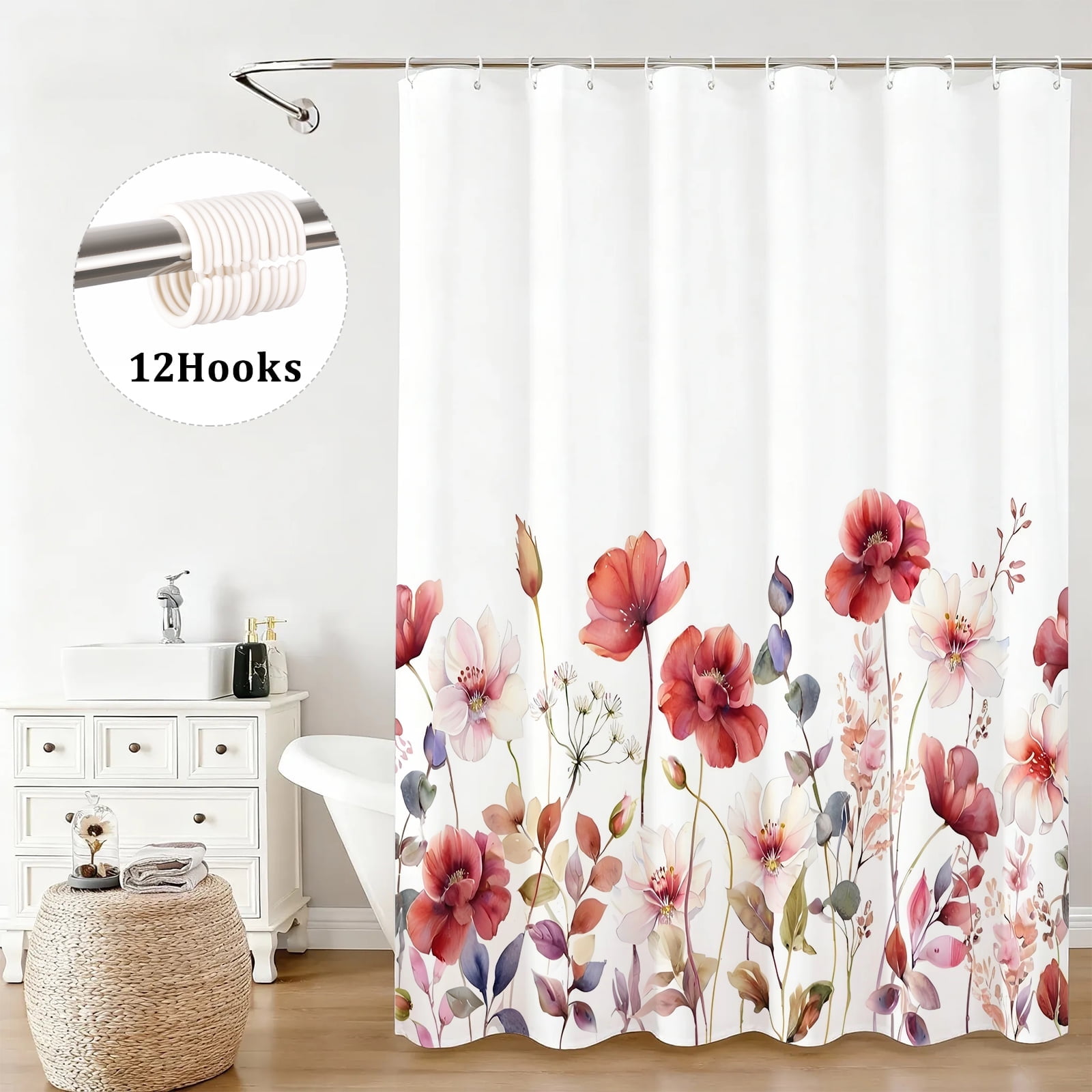 Boho Floral Shower Curtain 72Wx72H Inch Watercolor Red Spring Flower ...