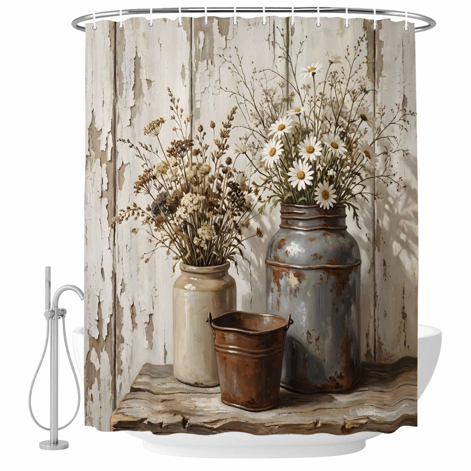 Boho Floral Shower Curtain for Bathroom, Vintage Dried Flowers Milk ...