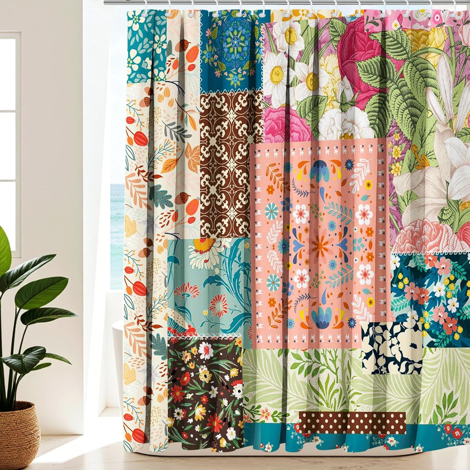 Boho Floral Shower Curtain for Bathroom, Vintage Farmhouse Flowers Leaf ...