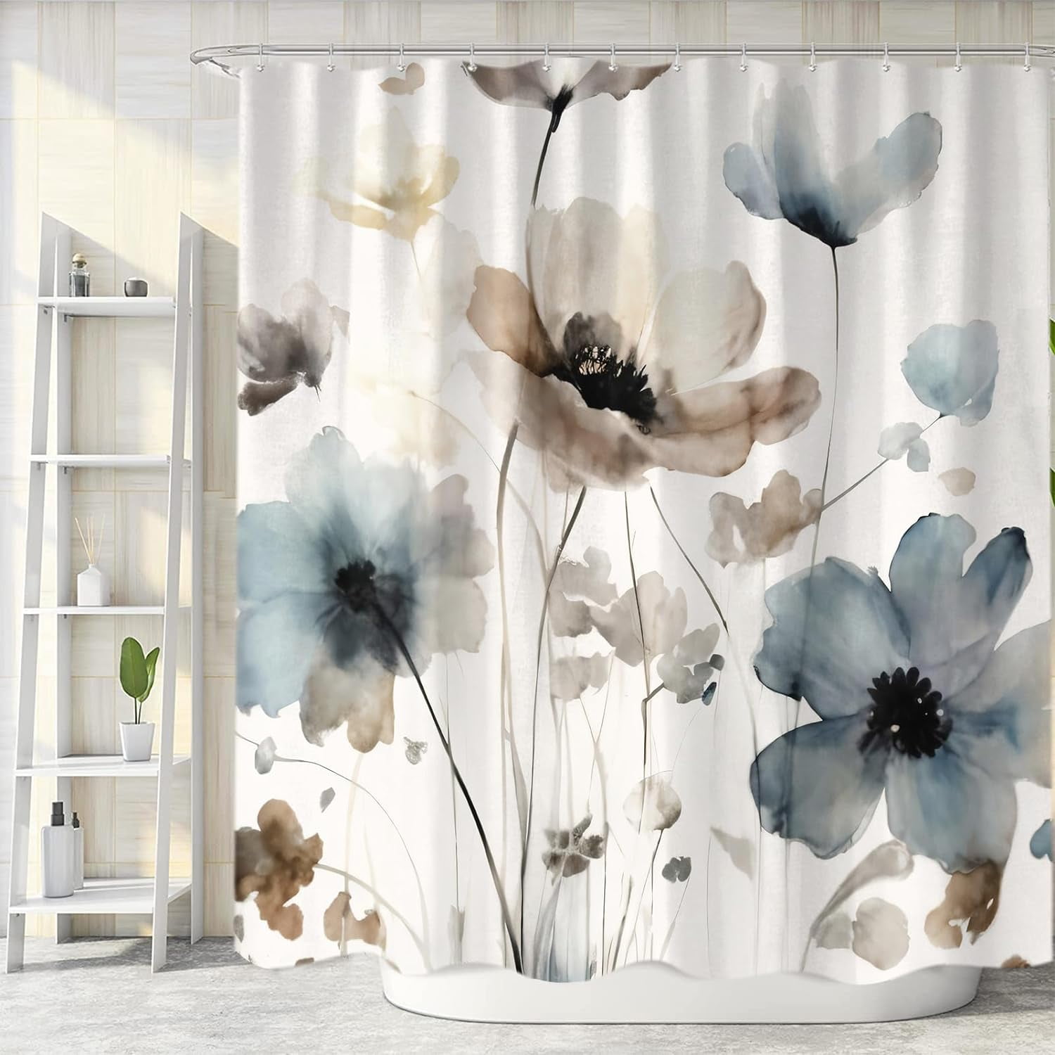 Boho Floral Shower Curtain, Cream Tan Beige Blue Grey White Watercolor Flower Fabric Shower ...