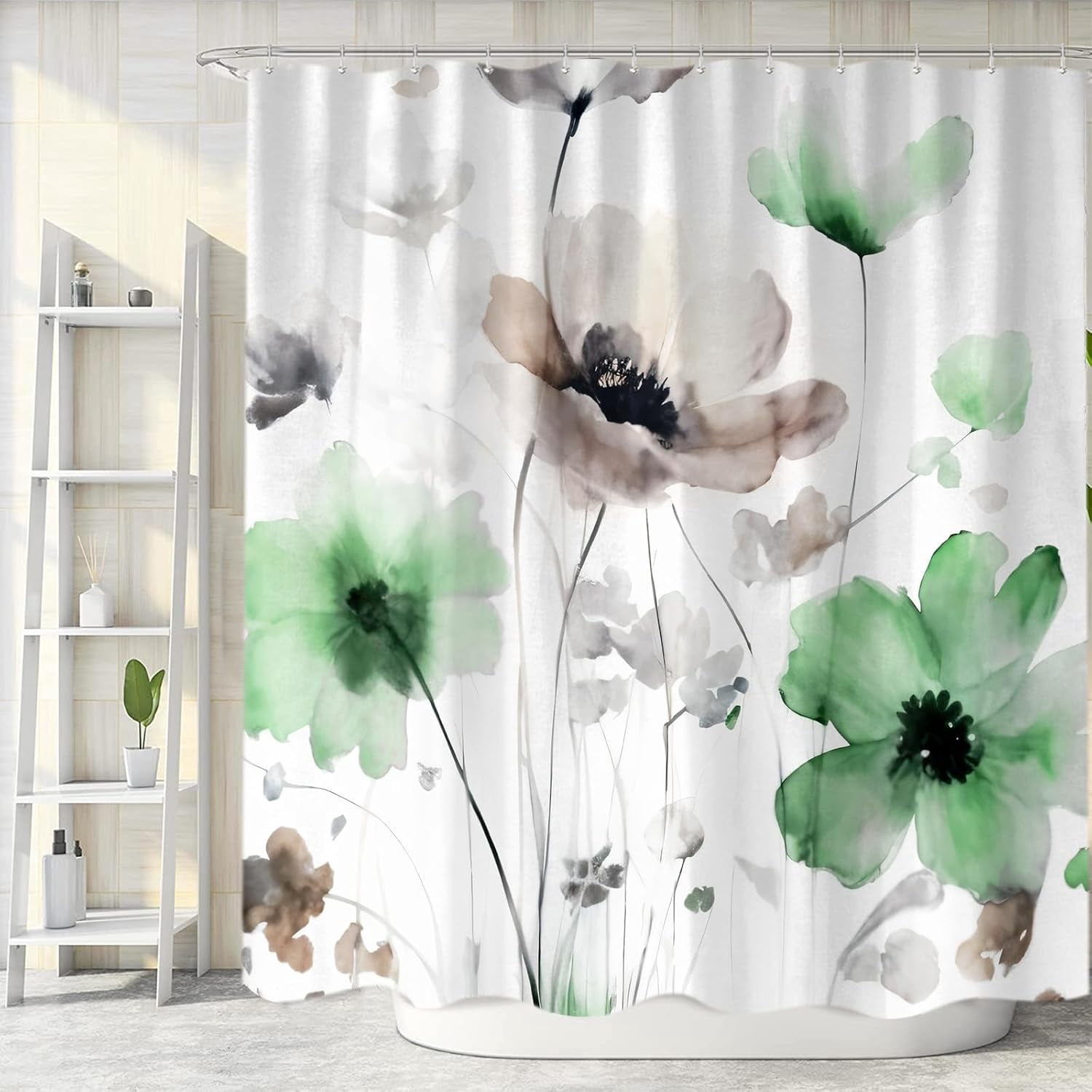 Boho Floral Shower Curtain, Cream Tan Beige Green Grey White Flower ...