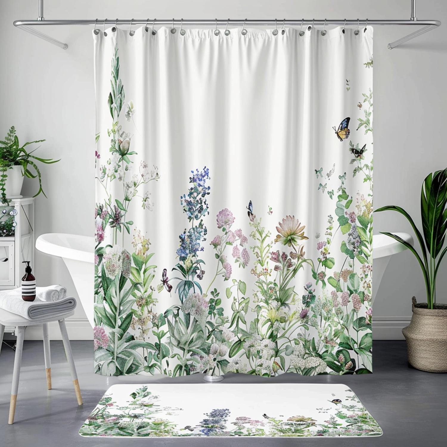 Boho Floral Shower Curtain Elegant Botanical Landscape With Wildflowers