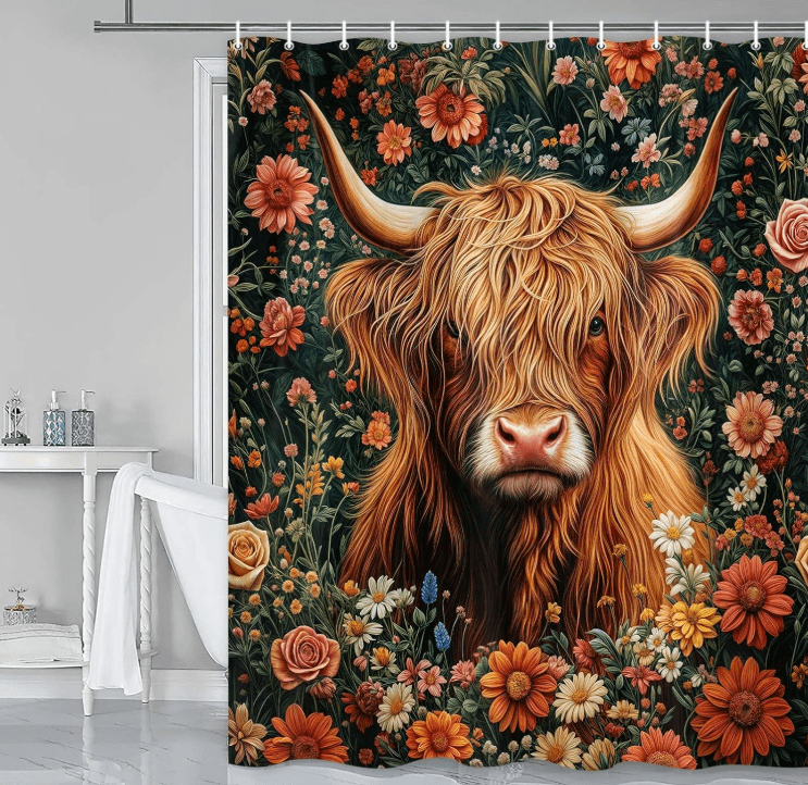 Boho Floral Shower Curtain, Funny Highland Cow Shower Curtains , Rustic ...