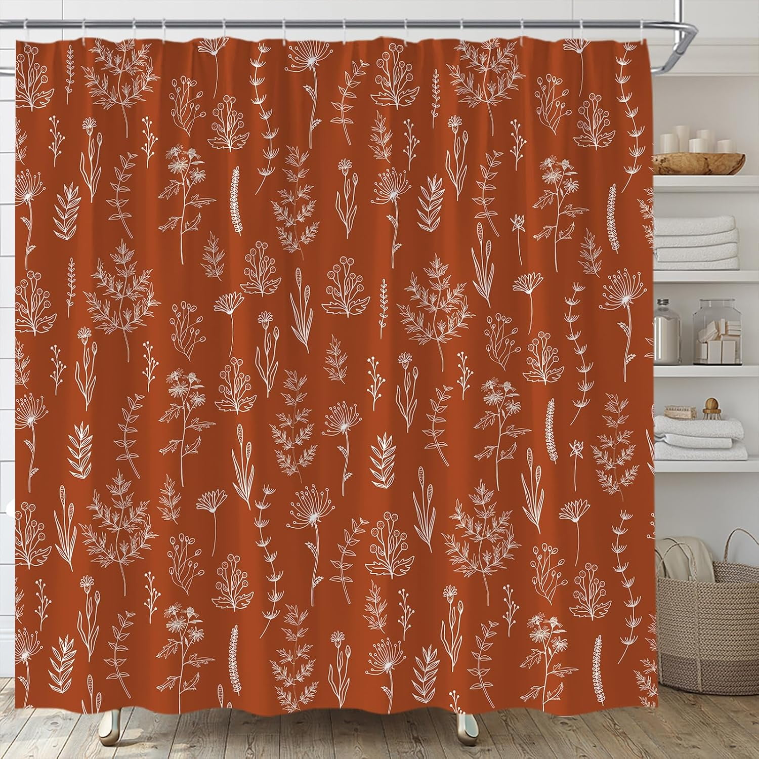 Boho Floral Shower Curtain Orange Botanical Western Terracotta Flower ...