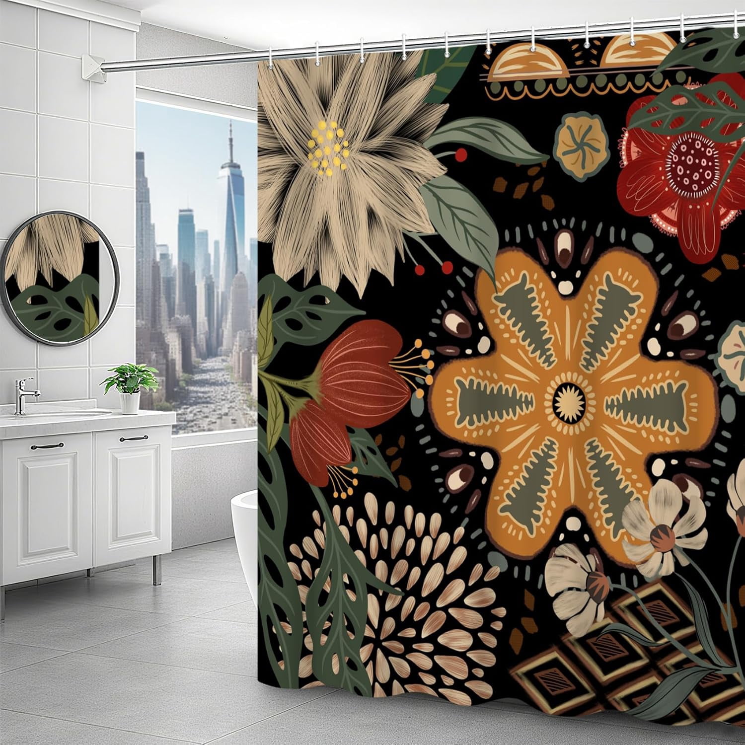 Boho Floral Shower Curtain Tropical Plant Design Bathroom Curtain Mid ...