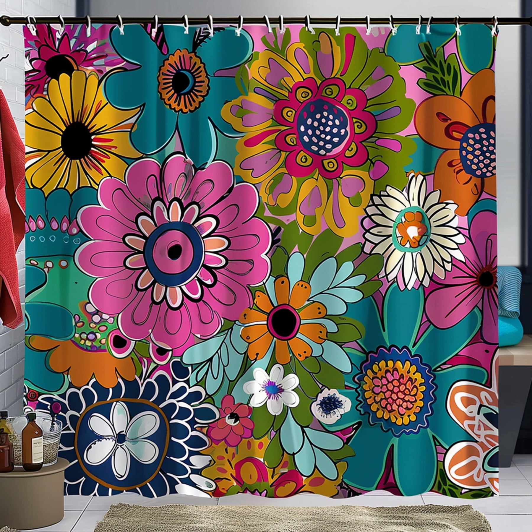 Boho Floral Shower Curtain Vibrant Colorful Flower Pattern Bohemian