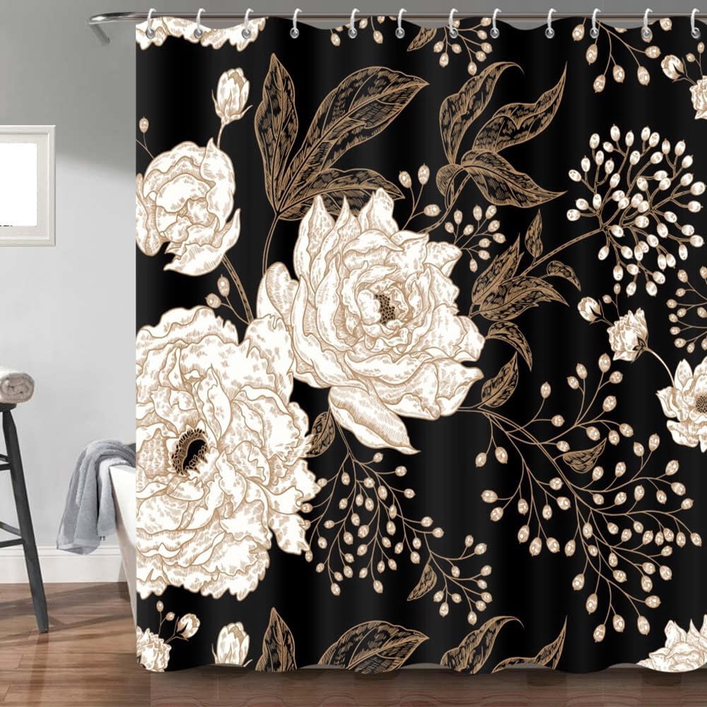 Boho Floral Shower Curtain, Vintage Black and Gold Bold Rose Bloosm ...