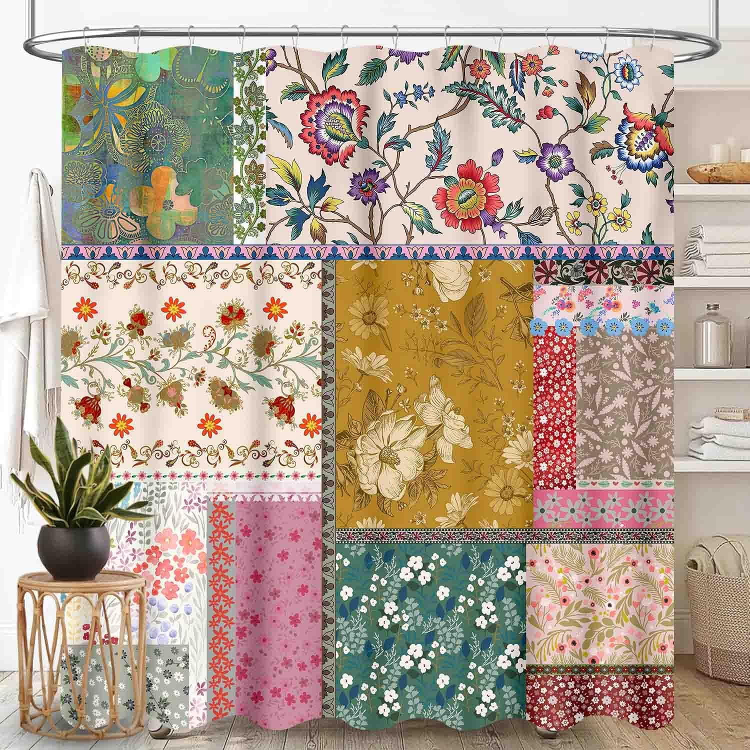 Boho Floral Shower Curtain, Vintage Patchwork Wild Flower Boho Colorful ...
