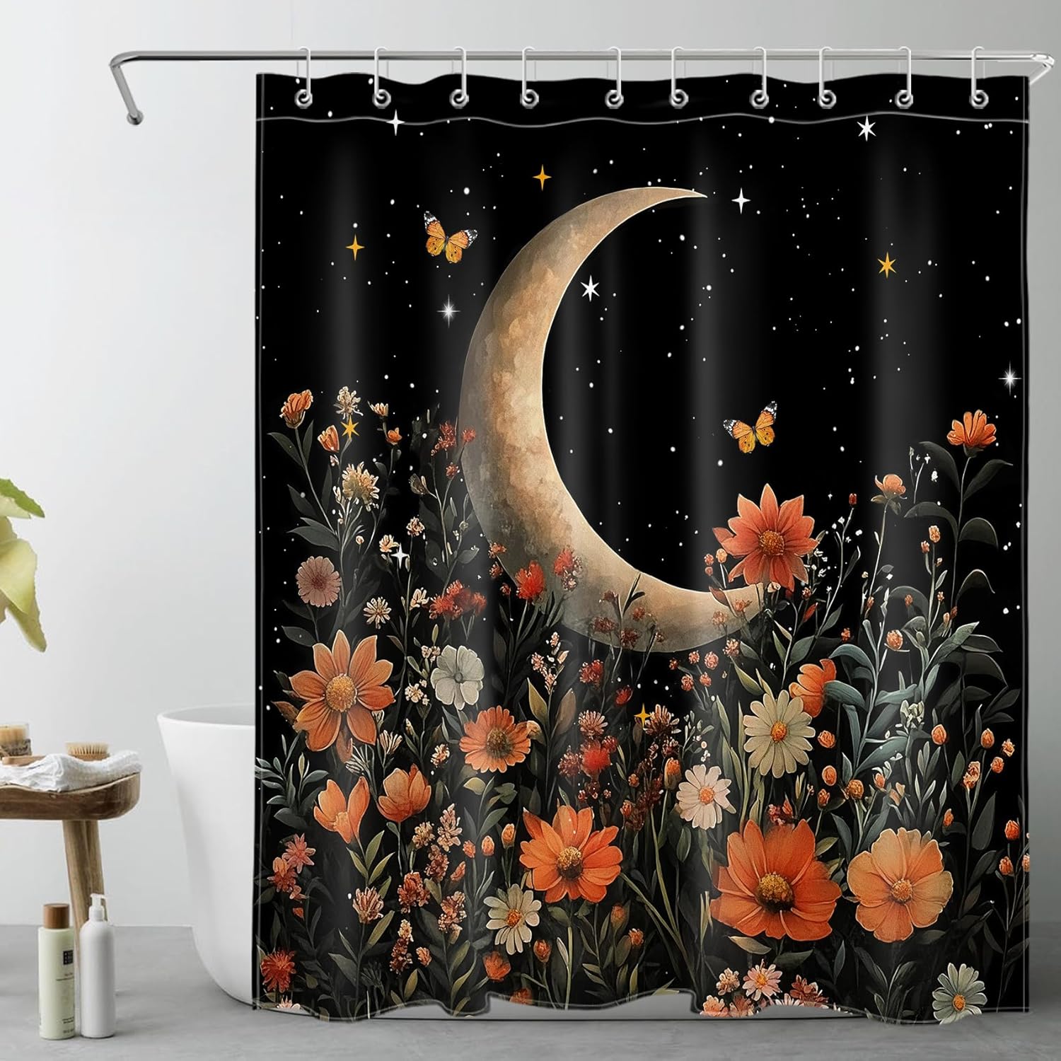 Boho Floral Shower Curtain Watercolor Wildflower Botanical Green Shower ...