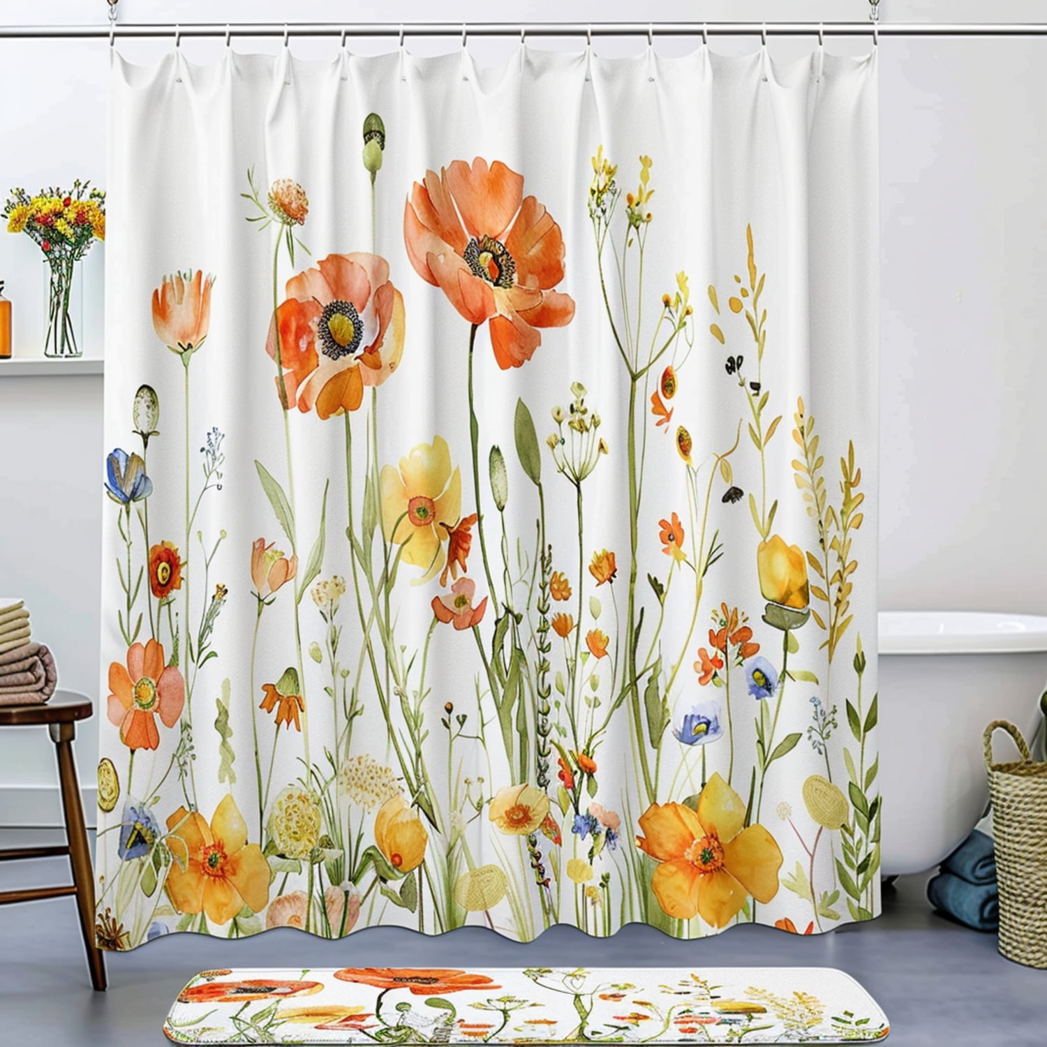 Boho Floral Shower Curtain With Watercolor Wildflowers And Snail Garden