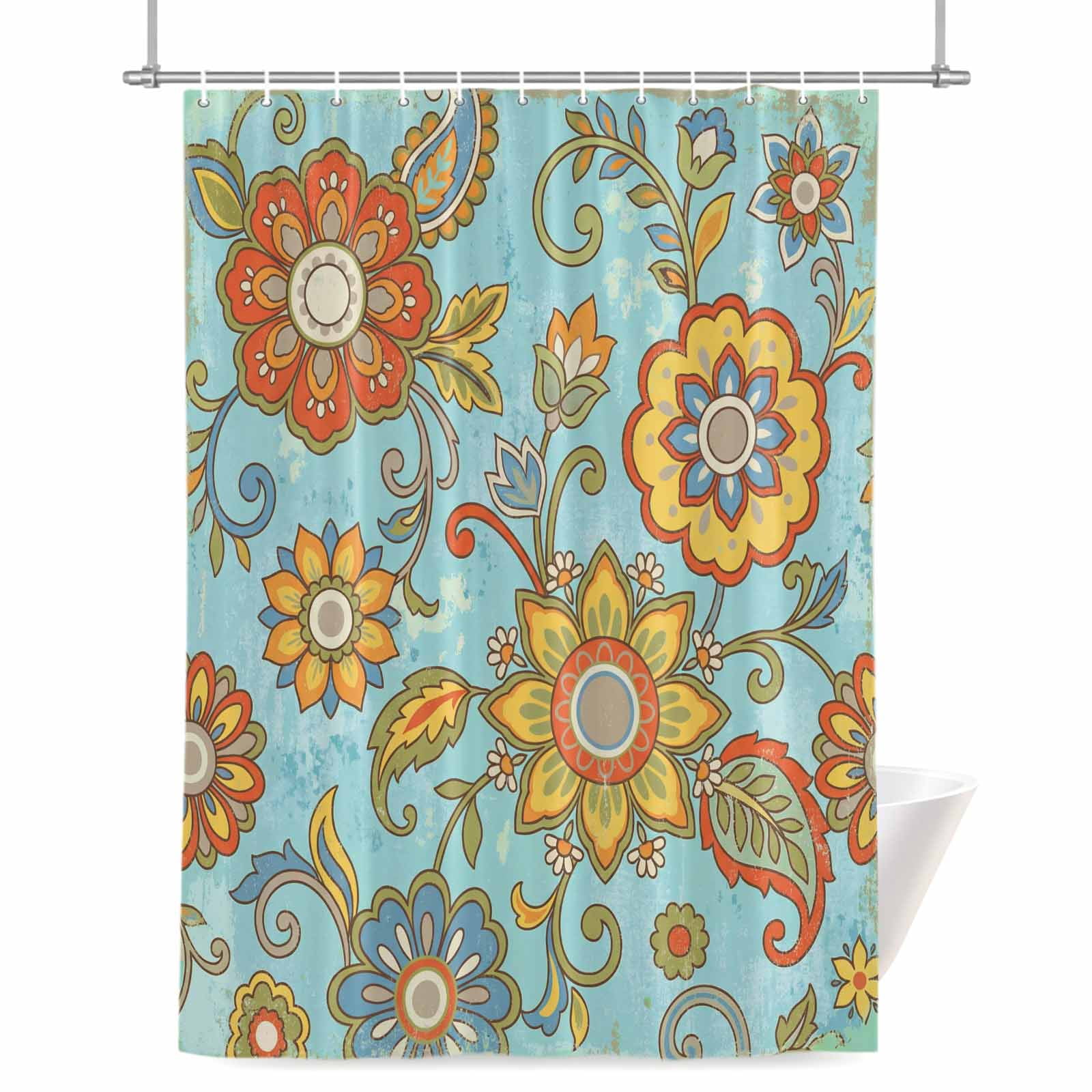 Boho Floral Shower Curtains for Bathroom, Yellow Orange Flower Leaf ...