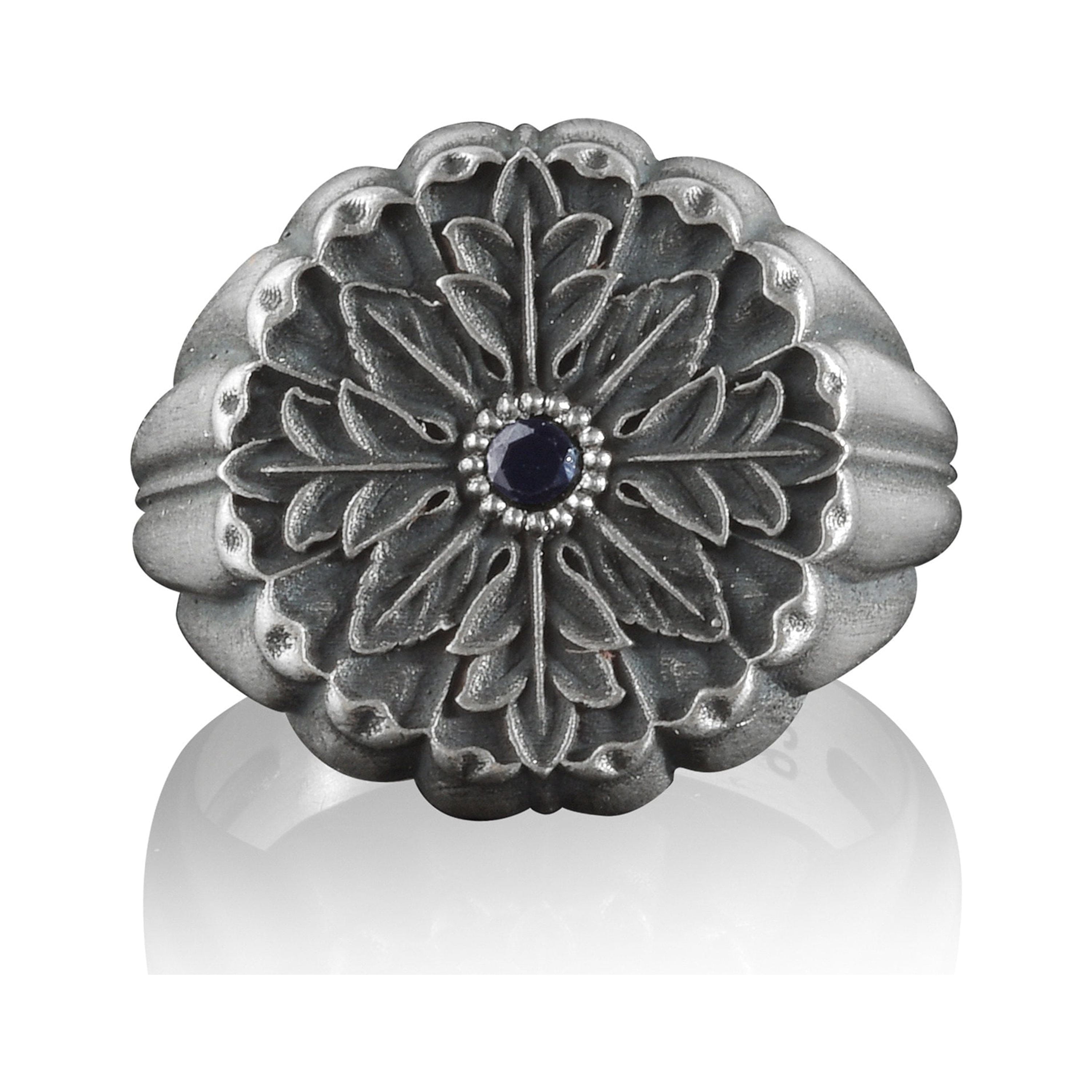 Boho Floral Signet Ring with Gemstone, Sterling Silver Boho Leaves ...