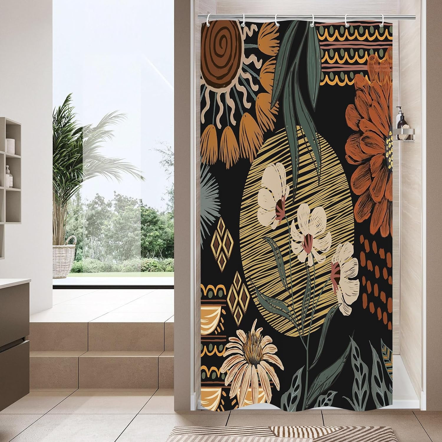 Boho Floral Small Stall Shower Curtain 36 x 72, Abstract Flower Narrow ...