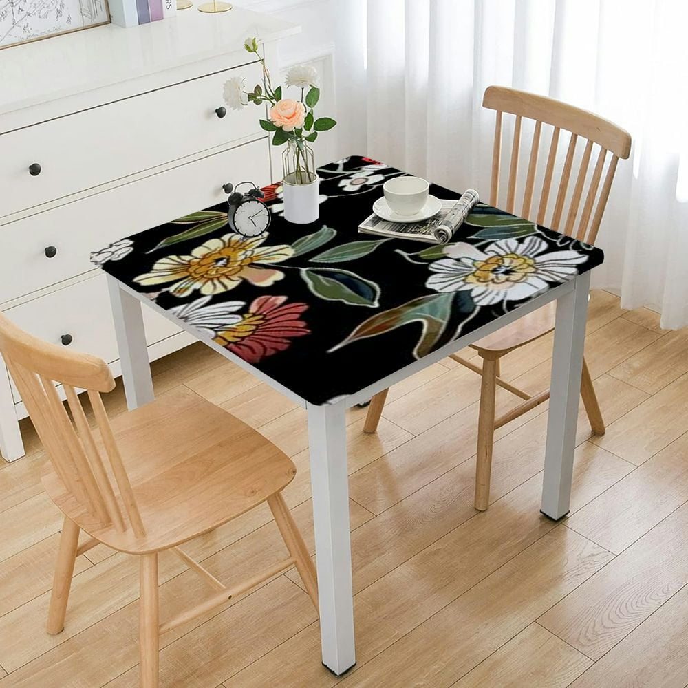 Boho Floral Square Fitted Tablecloth, Flowers Black Vintage Card Table ...