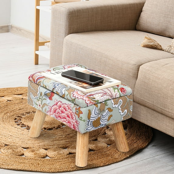 Boho Floral Square Ottoman Stool with Storage, Upholstered Footrest ...