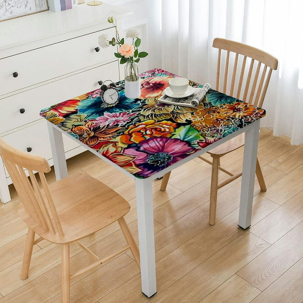 Boho Floral Square Tablecloths, Multi Color Flowers Elastic Fitted ...