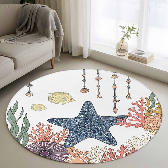 Boho Floral Starfish 4FT Round Area Rugs Coastal Coral Seaweed Fish ...