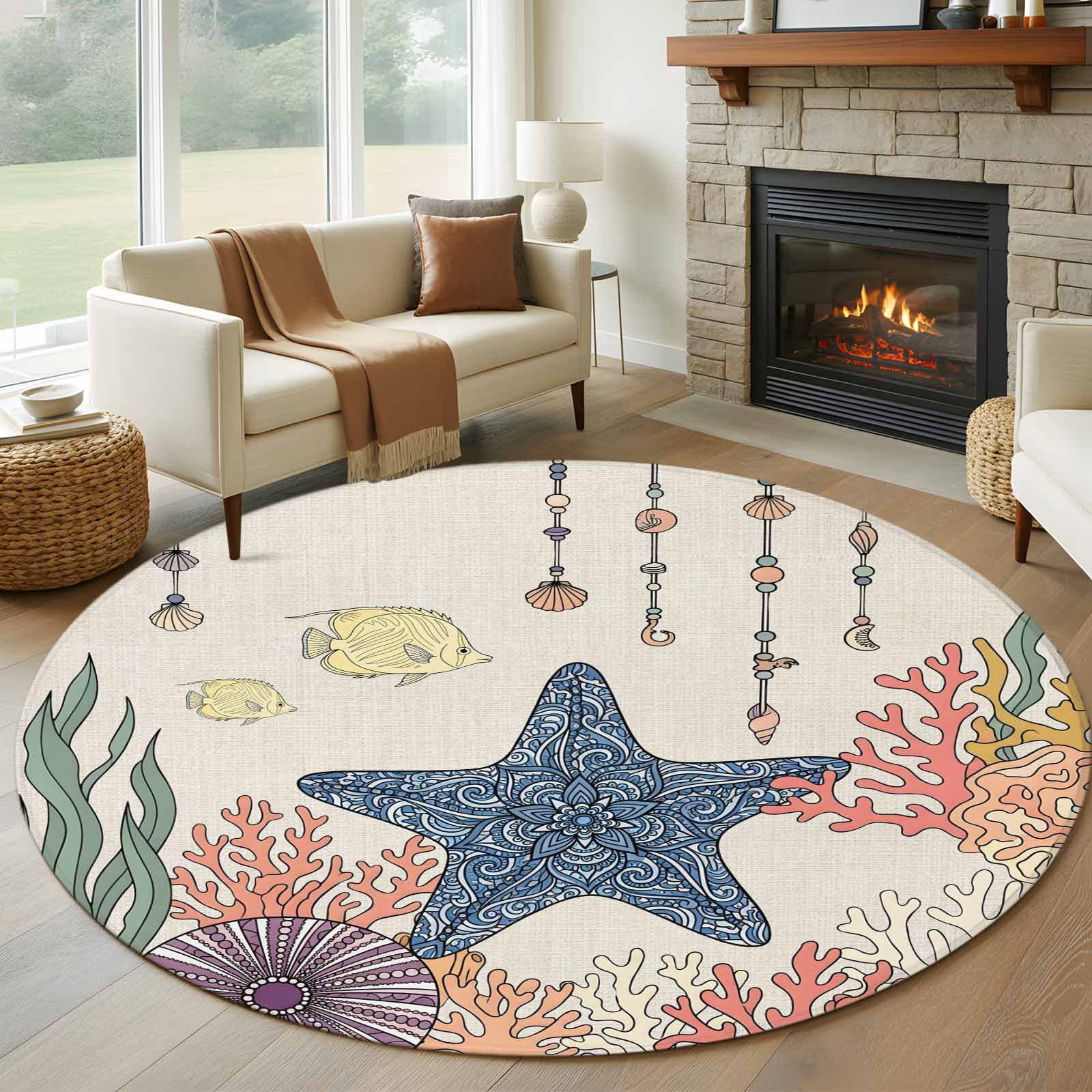 Boho Floral Starfish 5FT Round Area Rugs for Living Room Coastal Coral ...