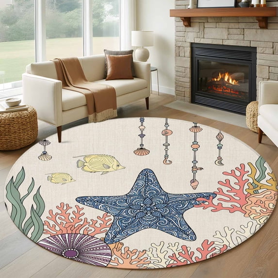 Boho Floral Starfish 5FT Round Area Rugs for Living Room Coastal Coral ...