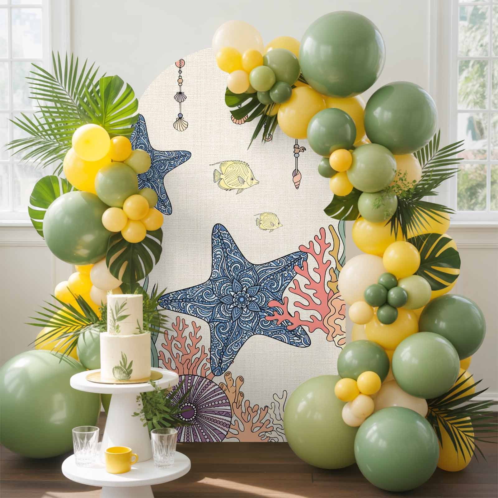 Boho Floral Starfish Arch Backdrop Cover, 6FT, Coastal Coral Seaweed ...