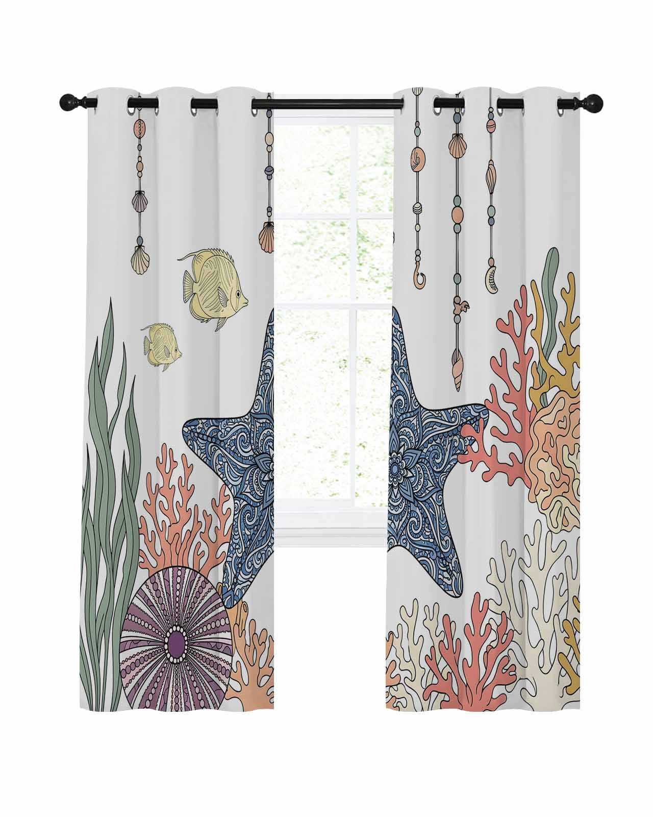 Boho Floral Starfish Blackout Curtains 2 Panels, Coastal Coral Seaweed ...