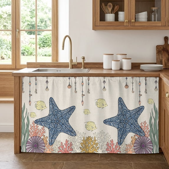 Boho Floral Starfish Cabinet Curtains 28" W x 51" L, Coastal Coral ...