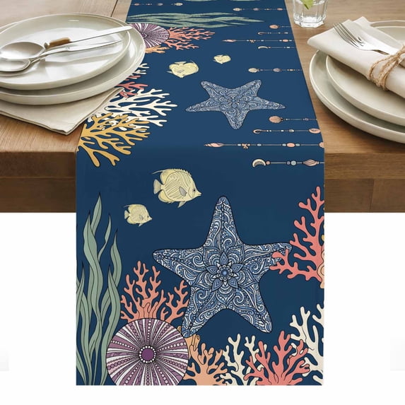 Boho Floral Starfish Cotton Linen Table Runner Coastal Coral Seaweed ...