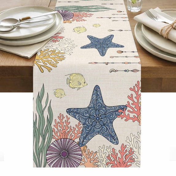 Boho Floral Starfish Cotton Linen Table Runner Coastal Coral Seaweed ...