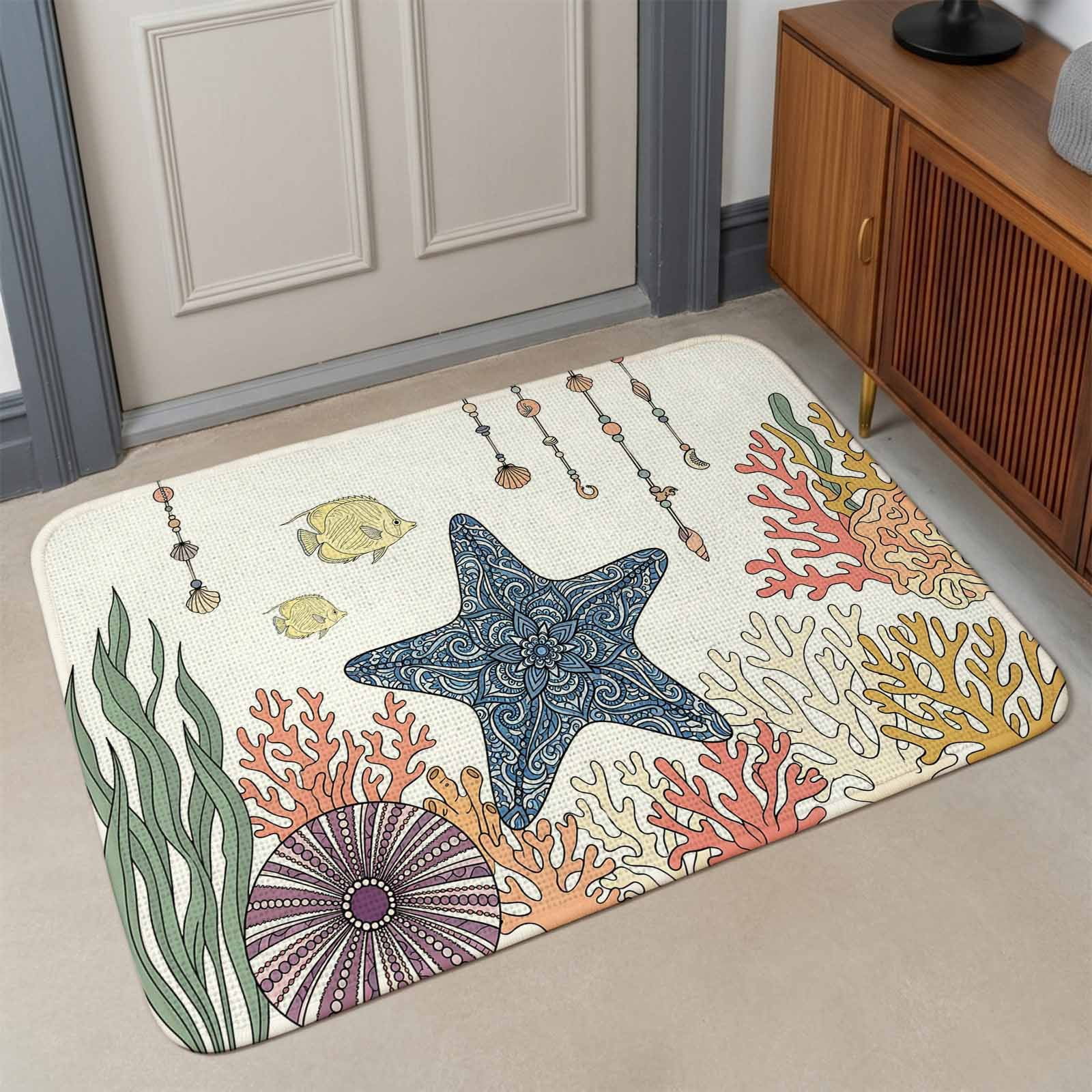Boho Floral Starfish Front Door Mat Indoor Entrance, Coastal Coral ...