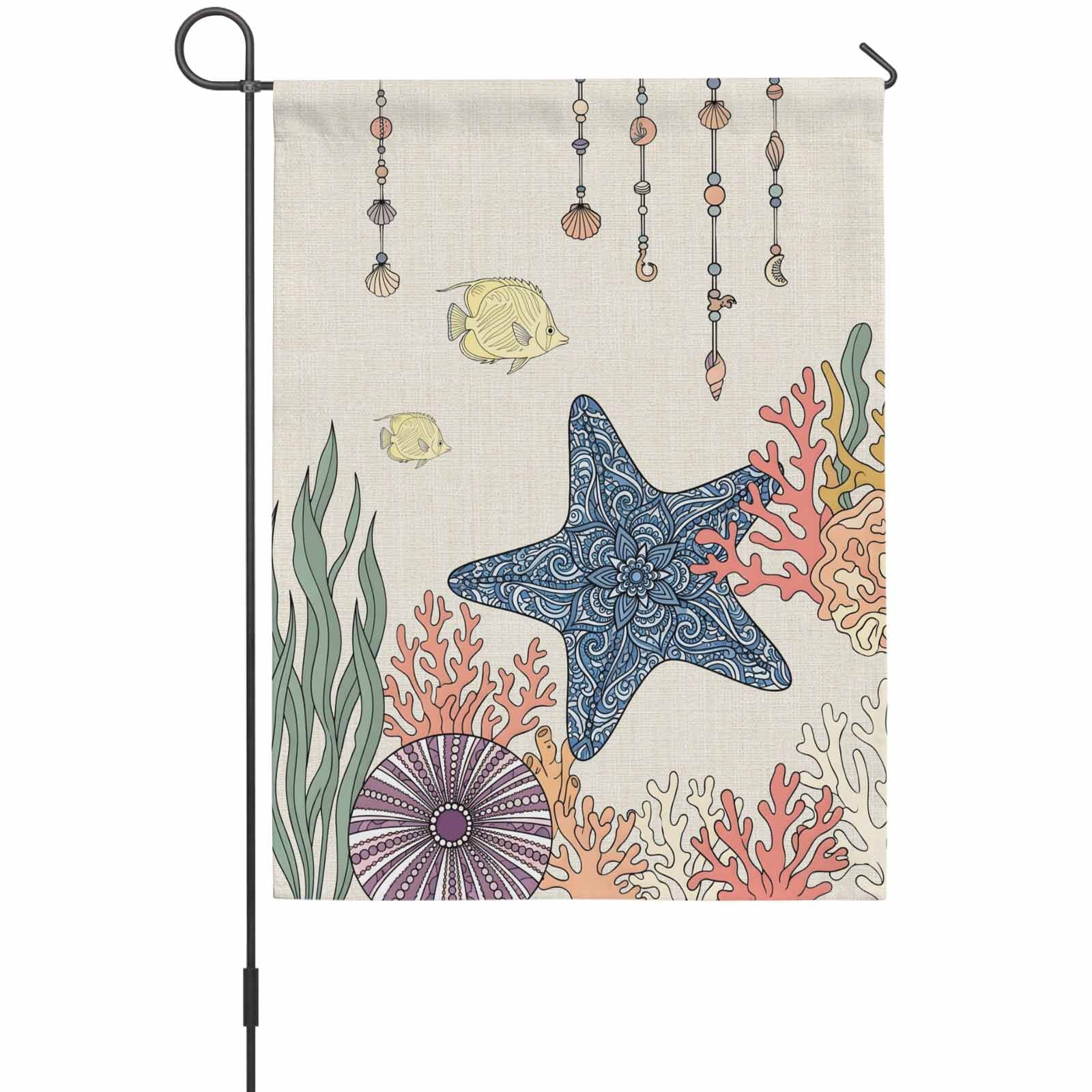 Boho Floral Starfish House Flag 28 x 40 Inches, Coastal Coral Seaweed ...