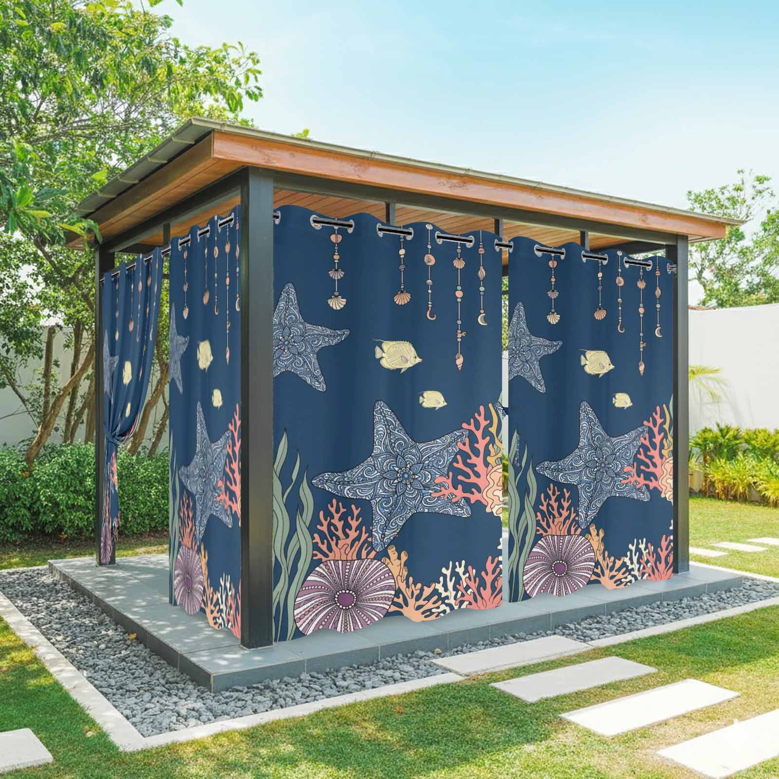 Boho Floral Starfish Outdoor Curtains for Patio, Coastal Coral Seaweed ...