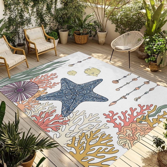 Boho Floral Starfish Outdoor Rug 4x6 ft Coastal Coral Seaweed Fish Non ...