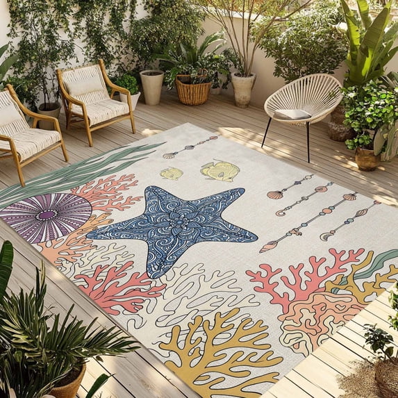 Boho Floral Starfish Outdoor Rug 6x9 ft Coastal Coral Seaweed Fish ...
