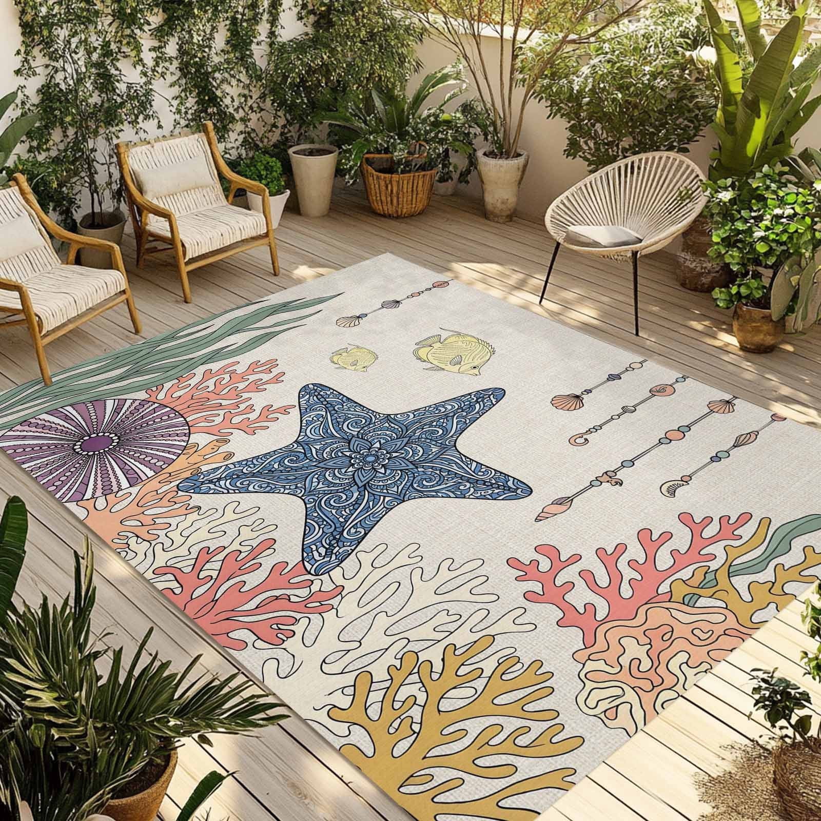 Boho Floral Starfish Outdoor Rug, Coastal Coral Seaweed Fish Rustic Non ...