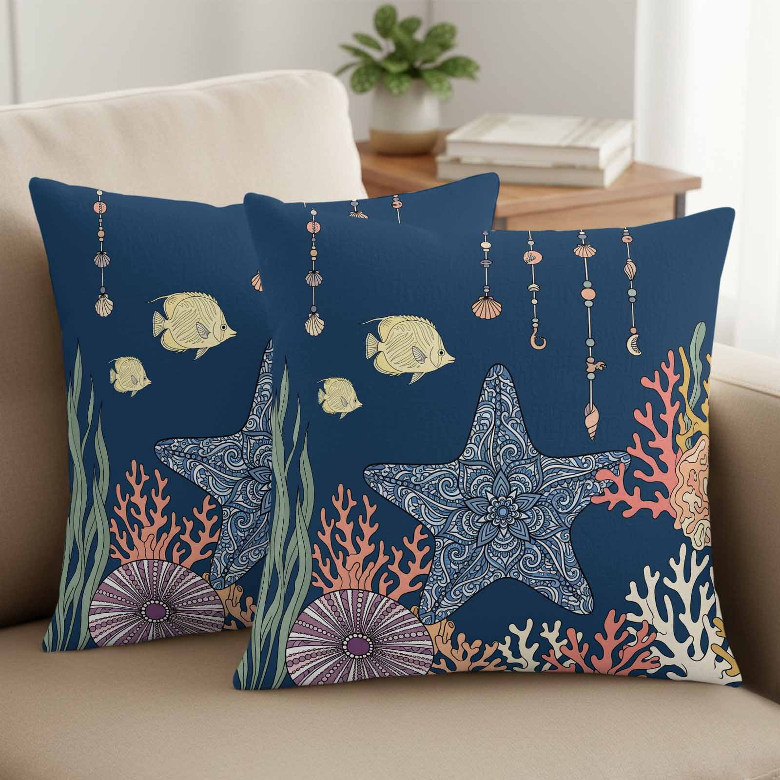 Boho Floral Starfish Pillow Covers Set of 2, Coastal Coral Seaweed Fish ...