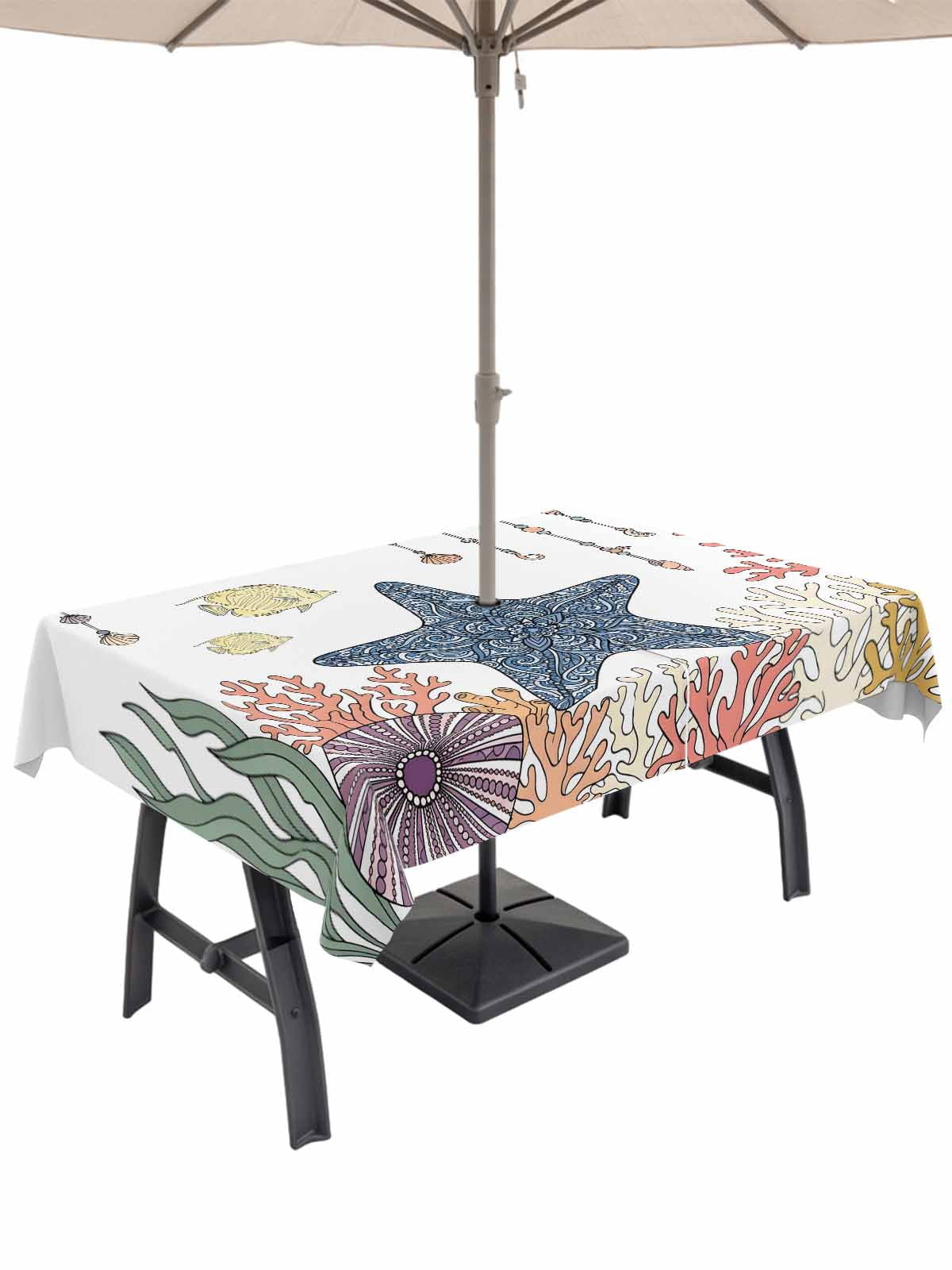 Boho Floral Starfish Rectangle Outdoor Tablecloth with Umbrella Hole ...