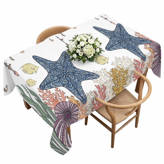 Boho Floral Starfish Rectangle Tablecloth Coastal Coral Seaweed Fish ...