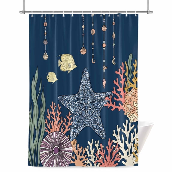 Boho Floral Starfish Shower Curtain, Coastal Coral Seaweed Fish Navy ...