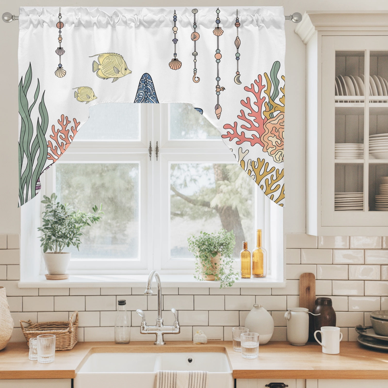 Boho Floral Starfish Swag Curtain Valance for Windows, Coastal Coral ...
