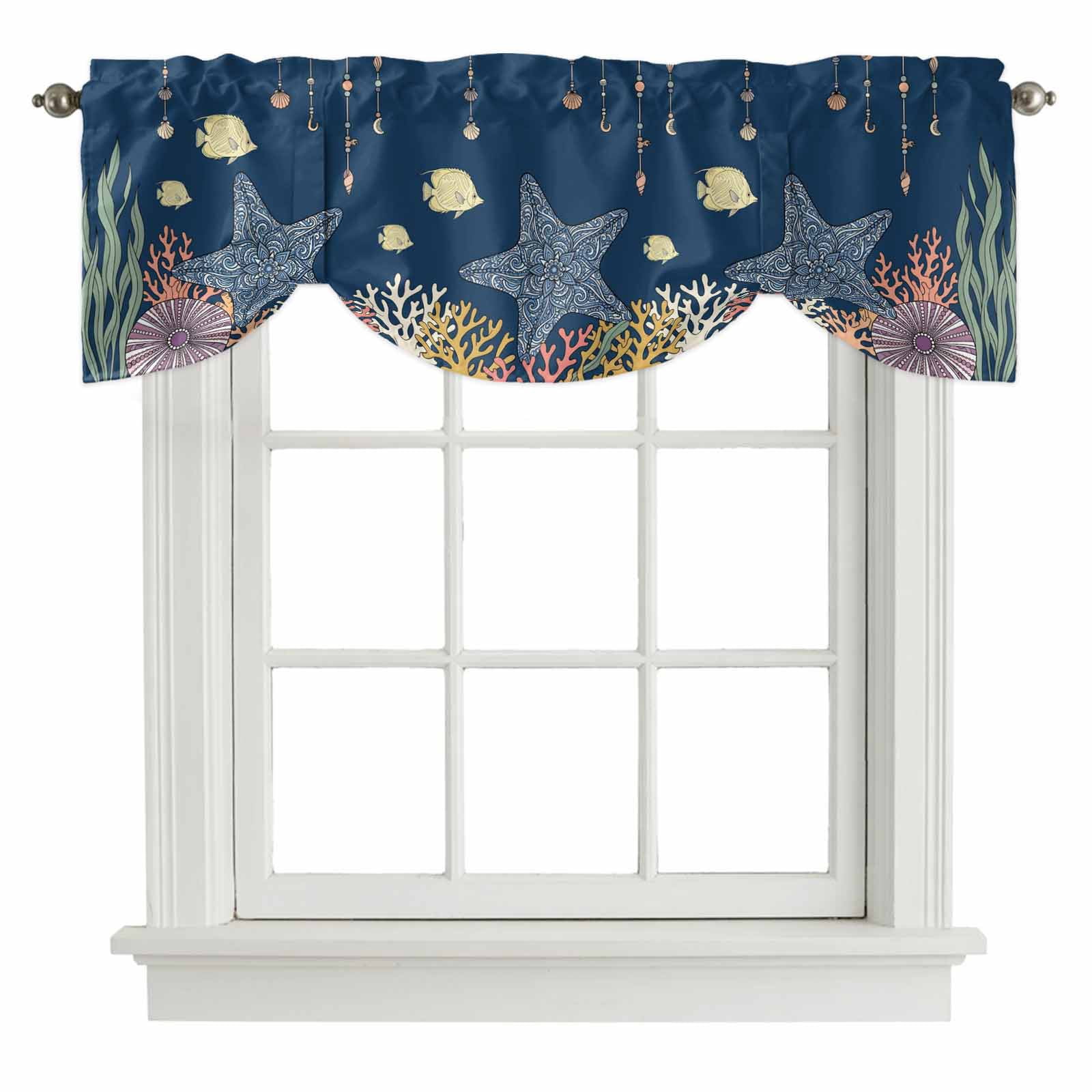 Boho Floral Starfish Tie Up Valance Curtains Coastal Coral Seaweed Fish ...