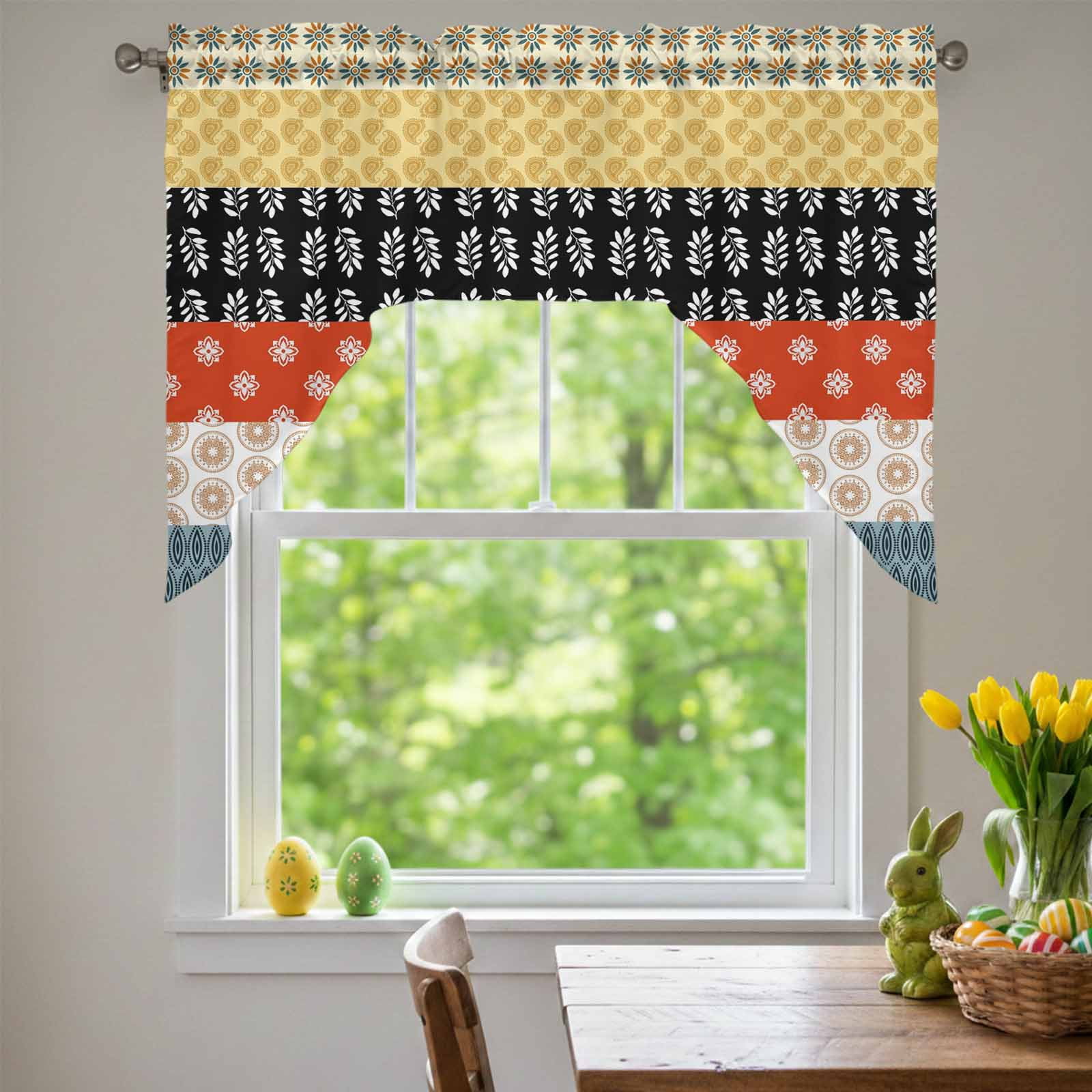 Boho Floral Swag Valances for Kitchen Window, Paisley Yellow Black Red ...