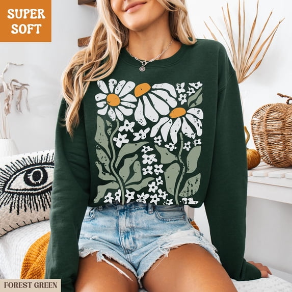 Boho Floral TShirt for Women Cozy Fall Crewneck Minimal Flower TShirt ...