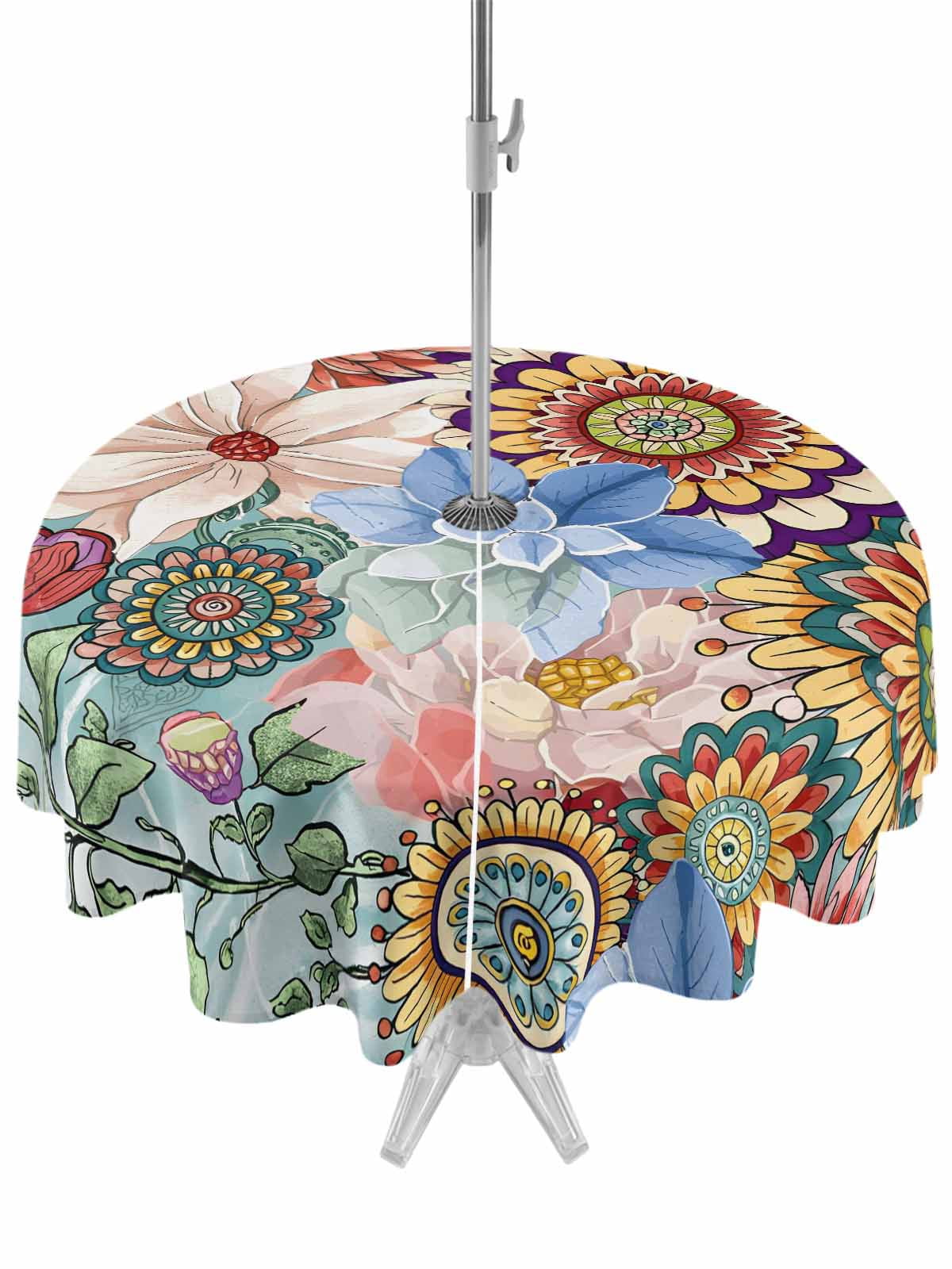 Boho Floral Table Cloth Round Tablecloth, Bohemia Colorful Mandalas ...
