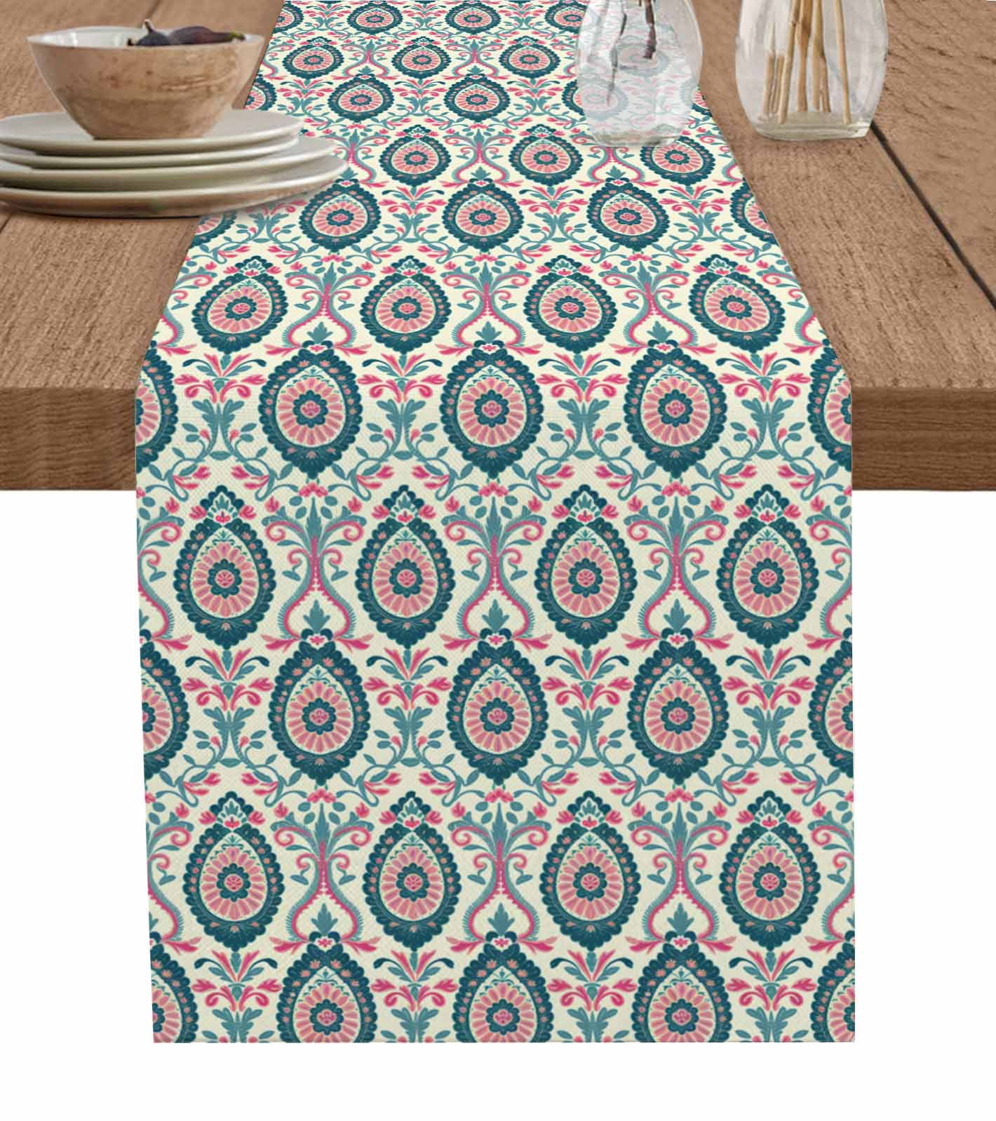 Boho Floral Table Runner 72 Inches, Pink Green Farmhouse Abstract ...