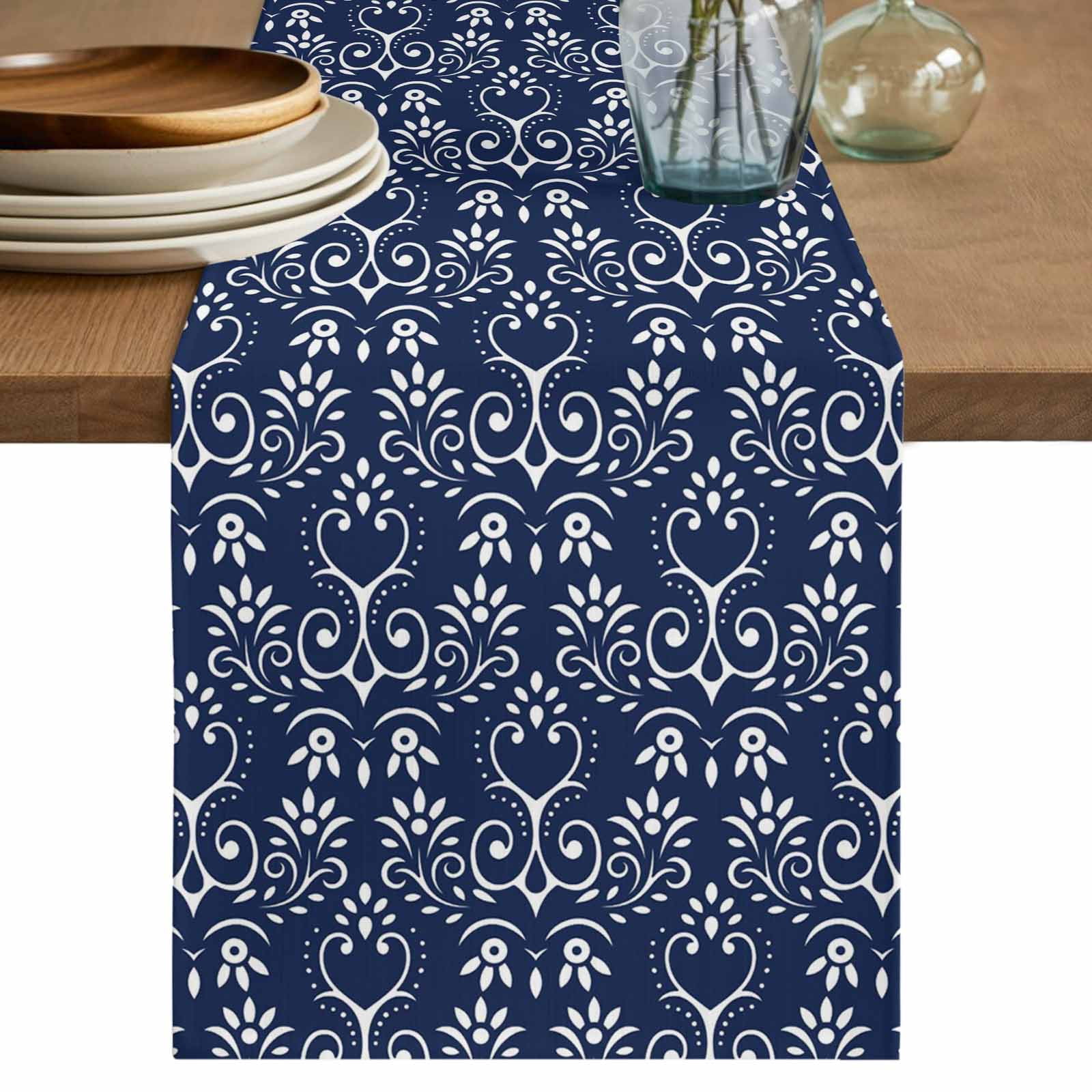 Boho Floral Table Runner, Abstract Art Flower Bohemian Blue Navy Cotton ...