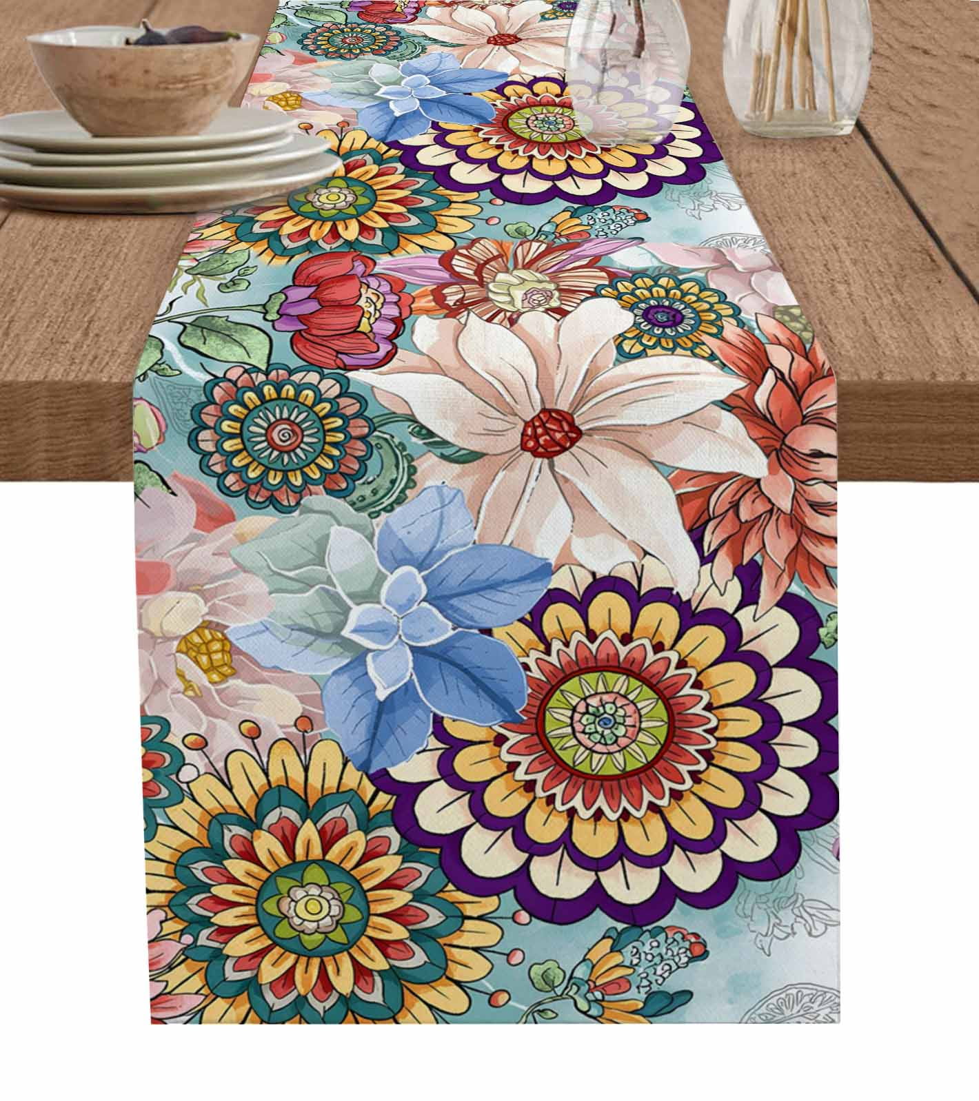 Boho Floral Table Runner Bohemia Colorful Mandalas Botanical Flower ...