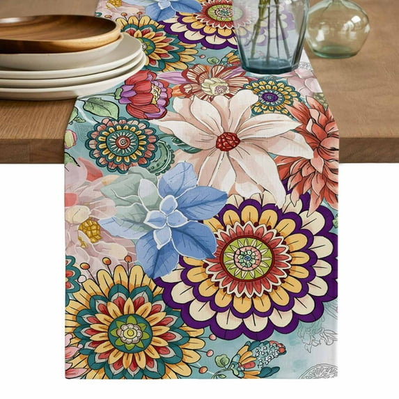 Boho Floral Table Runner, Bohemia Colorful Mandalas Botanical Flower ...